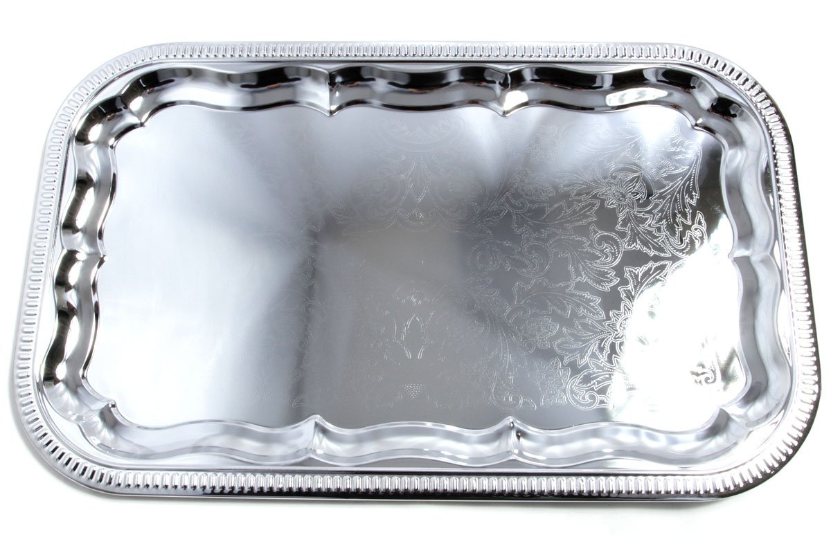 Maro Megastore (Pack of 4) 20.9" x 12.8" Traditional Rectangular Trim Floral Pattern Engraved Catering Chrome Plated Serving Plate Mirror Tray Platter Tableware Holiday Party Serving (Large) T227L-4PK