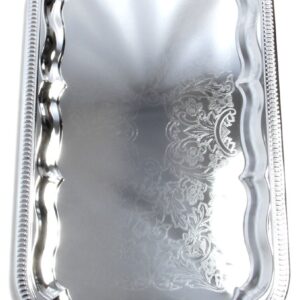 Maro Megastore (Pack of 4) 20.9" x 12.8" Traditional Rectangular Trim Floral Pattern Engraved Catering Chrome Plated Serving Plate Mirror Tray Platter Tableware Holiday Party Serving (Large) T227L-4PK