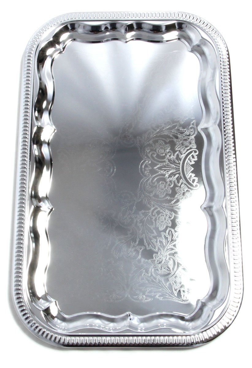 Maro Megastore (Pack of 4) 20.9" x 12.8" Traditional Rectangular Trim Floral Pattern Engraved Catering Chrome Plated Serving Plate Mirror Tray Platter Tableware Holiday Party Serving (Large) T227L-4PK