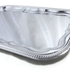 Maro Megastore (Pack of 4) 20.9" x 12.8" Traditional Rectangular Trim Floral Pattern Engraved Catering Chrome Plated Serving Plate Mirror Tray Platter Tableware Holiday Party Serving (Large) T227L-4PK