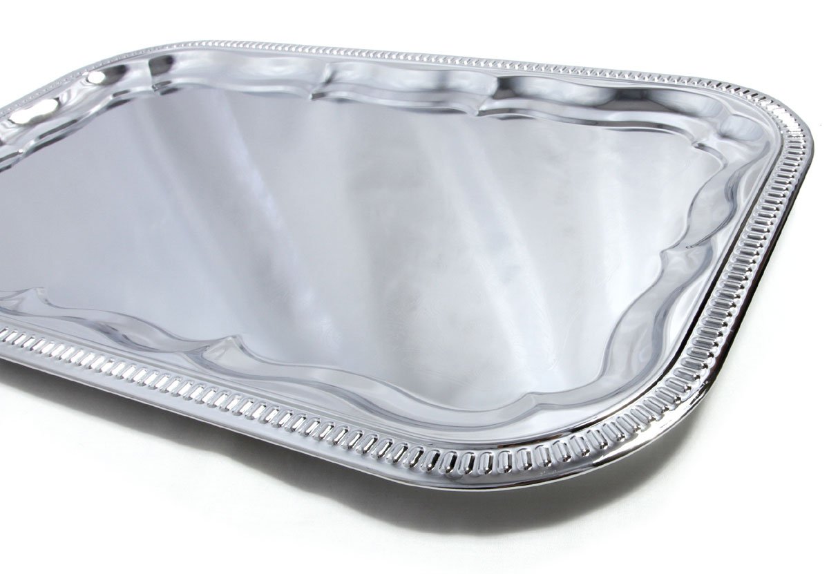 Maro Megastore (Pack of 4) 20.9" x 12.8" Traditional Rectangular Trim Floral Pattern Engraved Catering Chrome Plated Serving Plate Mirror Tray Platter Tableware Holiday Party Serving (Large) T227L-4PK