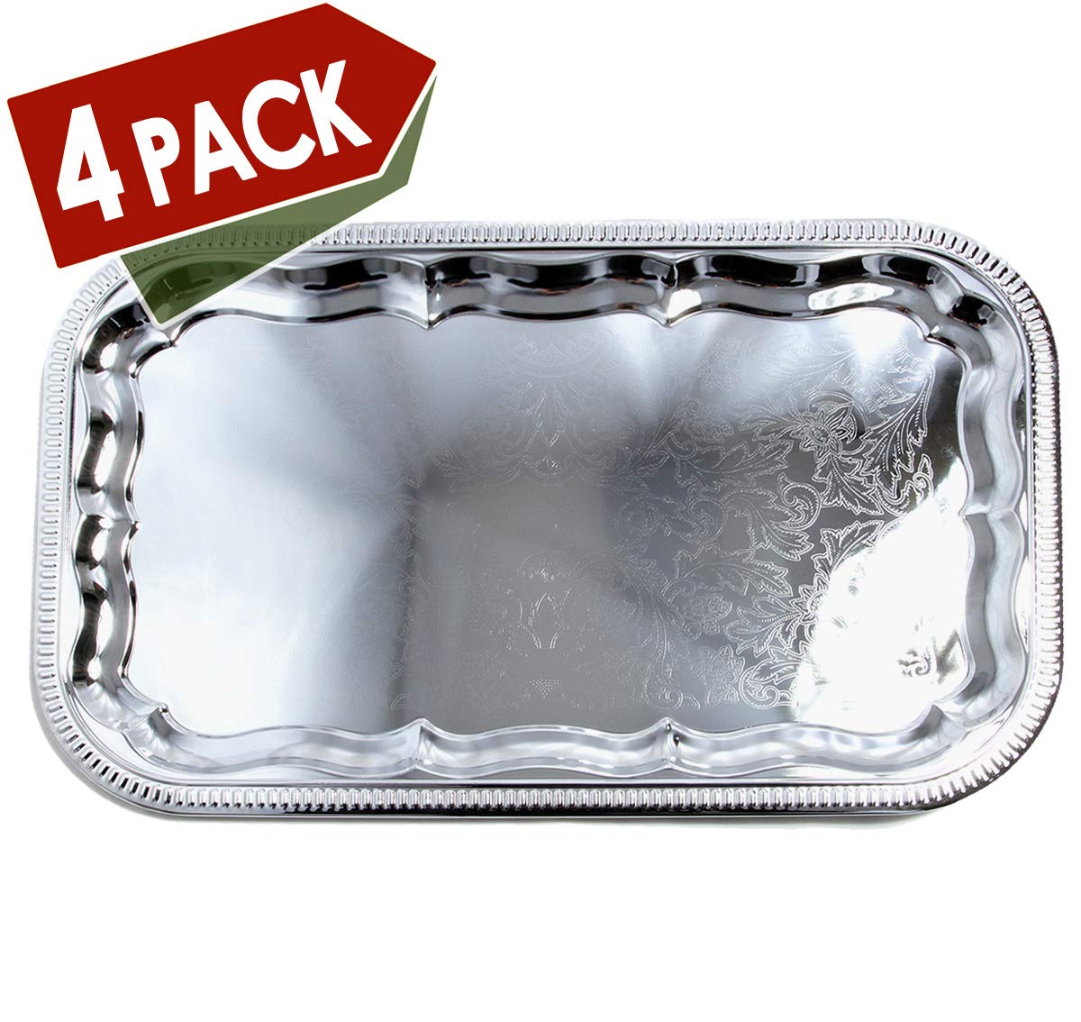 Maro Megastore (Pack of 4) 20.9" x 12.8" Traditional Rectangular Trim Floral Pattern Engraved Catering Chrome Plated Serving Plate Mirror Tray Platter Tableware Holiday Party Serving (Large) T227L-4PK