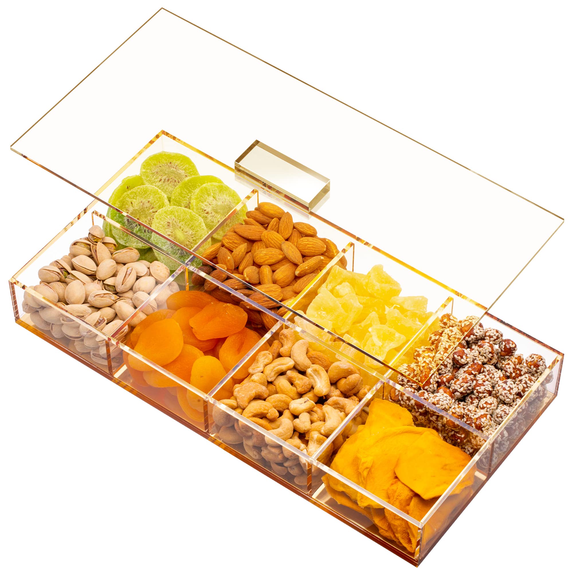 Snack Serving Tray Gift Box - Empty Divided Appetizer Serving Tray Set with Lid, Sectional Nuts & Dry Fruit Tray, Candy Dish, Veggie Serving Platter, Acrylic Clear & Gold, 8 Compartments, by Elavain