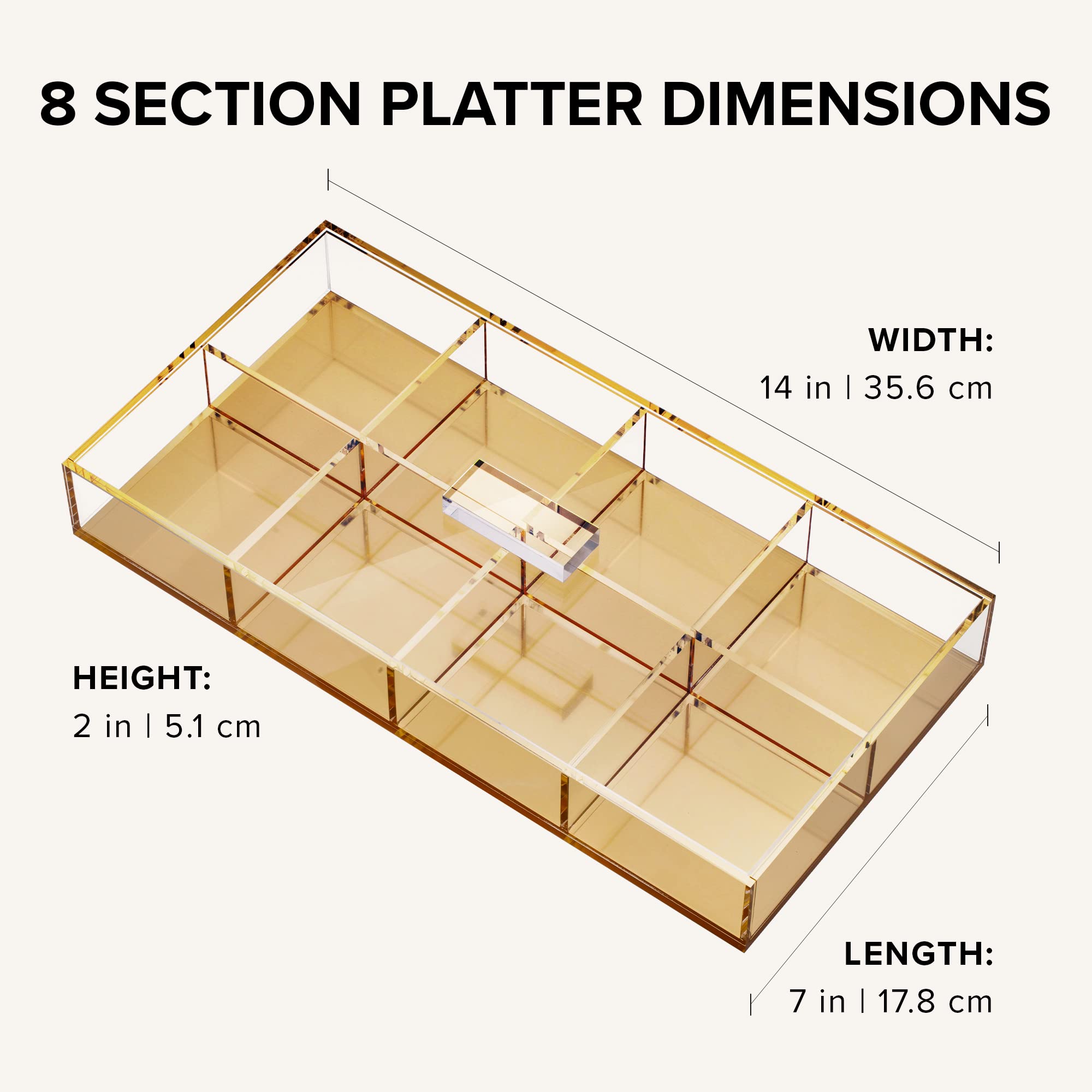 Snack Serving Tray Gift Box - Empty Divided Appetizer Serving Tray Set with Lid, Sectional Nuts & Dry Fruit Tray, Candy Dish, Veggie Serving Platter, Acrylic Clear & Gold, 8 Compartments, by Elavain