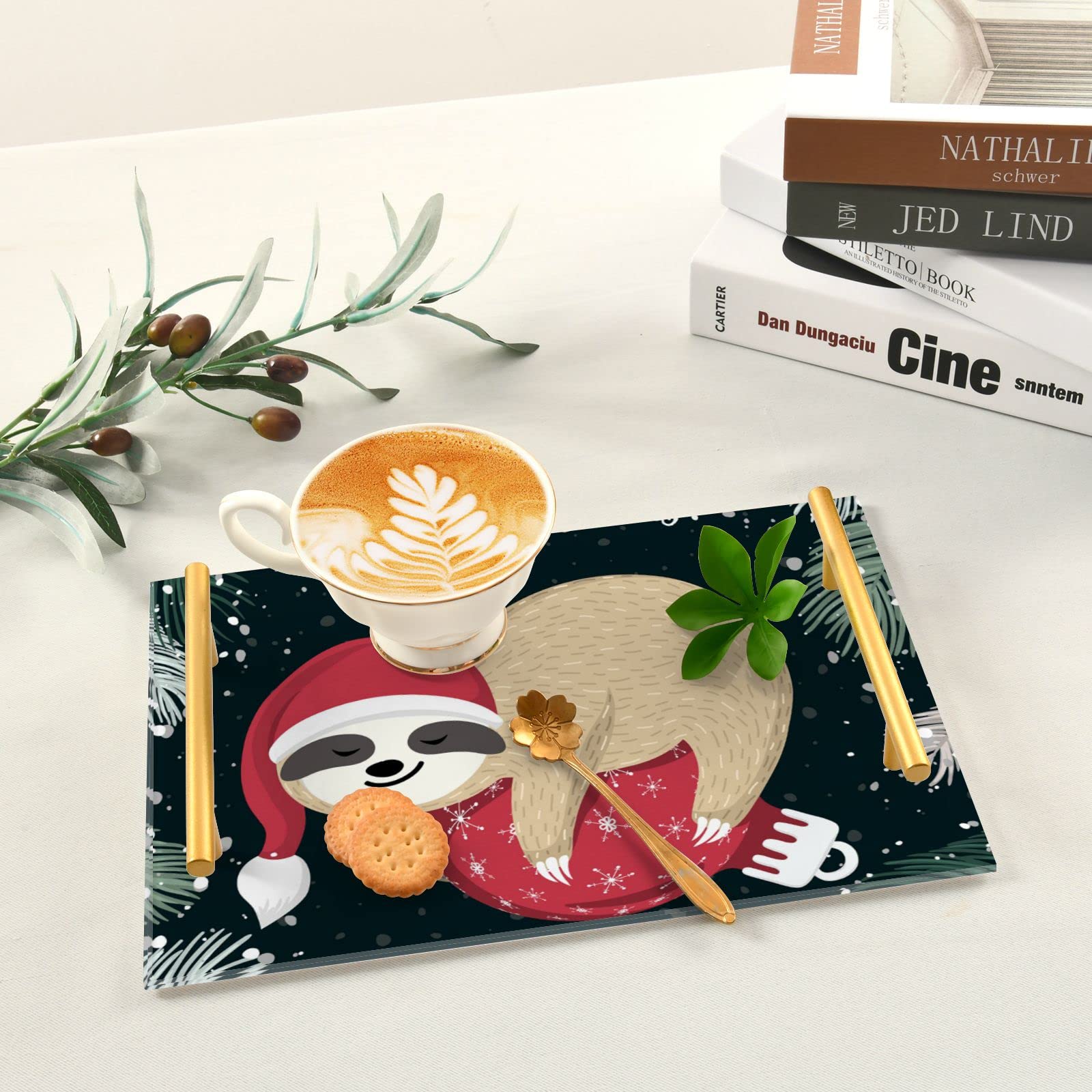 Cute Sloth Christmas Bathroom Tray Perfume Organizer Serving Tray with Gold Handles Coffee Table Trays Decorative Tray for Bathroom,Ceramic Kitchen Soap Tray