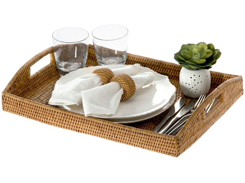 KOUBOO 1020042 La Jolla Rattan Rectangular Serving Tray, 18" x 13.5" x 3.5", Honey Brown, Large