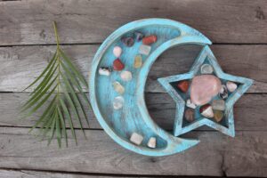 t one woods rock collection tray | wooden crystal display | crystal holder | crystal display shelf | crystal and healing tray | crystal display tray (sky blue)