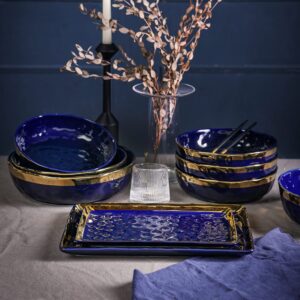 Stone Lain Florian Porcelain Large and Medium Rectangle Service Platters, Blue with Gold Rim