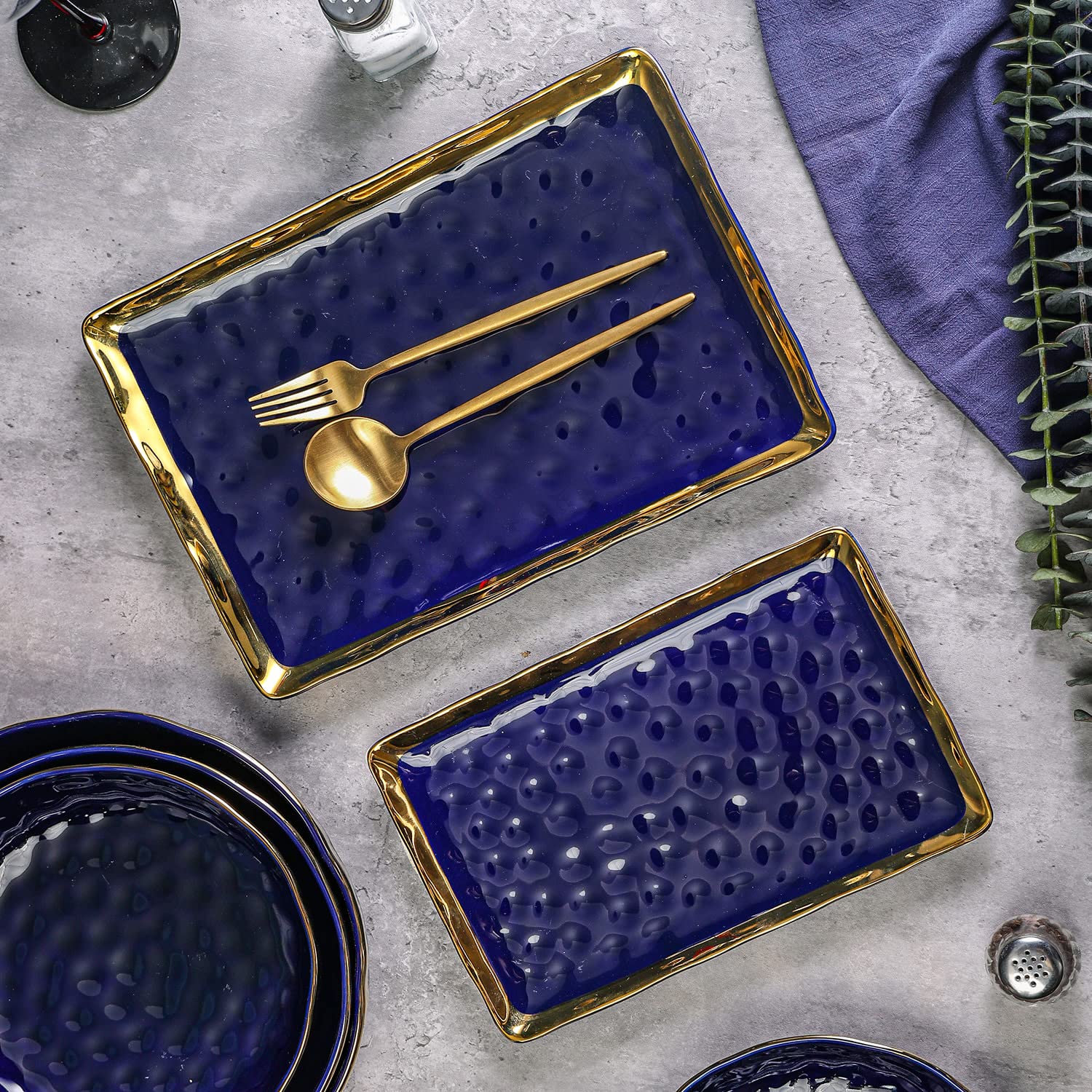 Stone Lain Florian Porcelain Large and Medium Rectangle Service Platters, Blue with Gold Rim