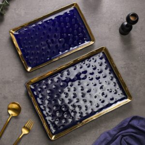 Stone Lain Florian Porcelain Large and Medium Rectangle Service Platters, Blue with Gold Rim