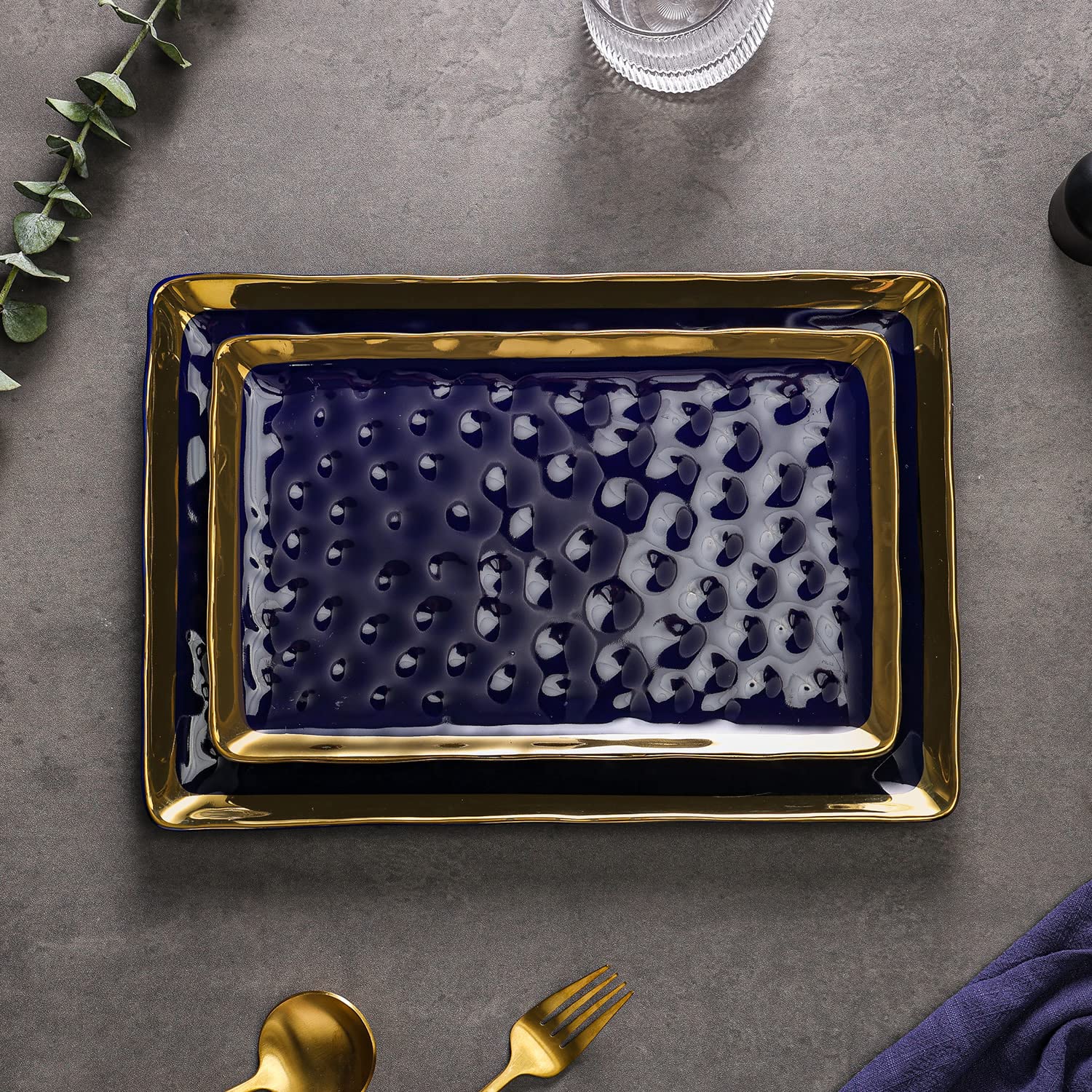 Stone Lain Florian Porcelain Large and Medium Rectangle Service Platters, Blue with Gold Rim