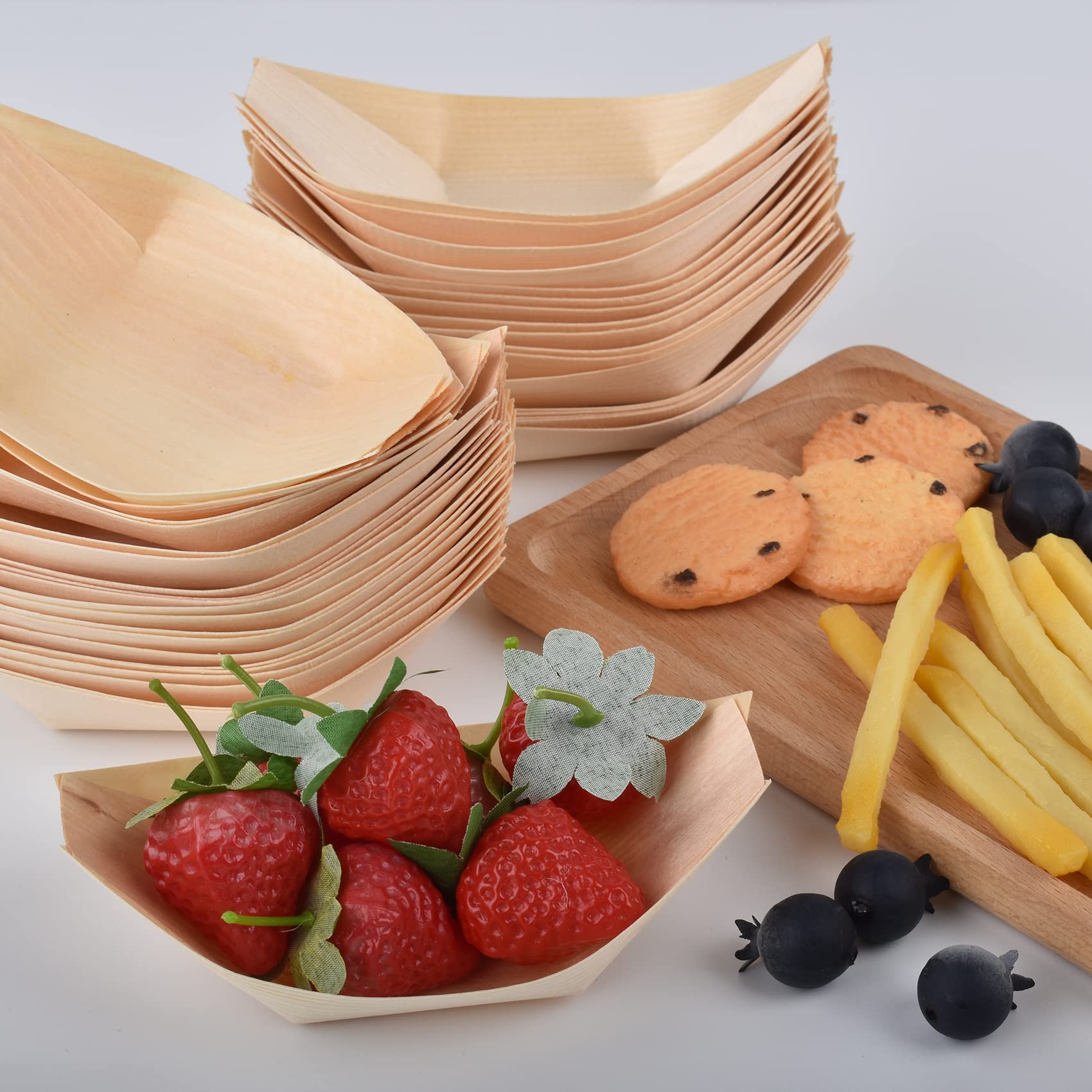 JEPELUS 100Pcs 5" Wood Boat Plates Dishes, Mini Wood Serving Boats Best for Food Display, Health Friendly Wooden Sushi Serving Tray Boat, Wood Boat Food Container for Restaurants Take Out or Home