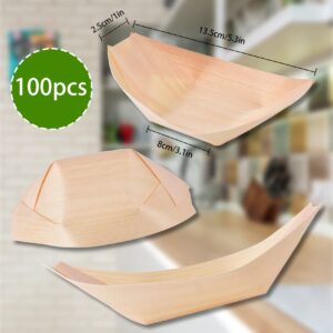 JEPELUS 100Pcs 5" Wood Boat Plates Dishes, Mini Wood Serving Boats Best for Food Display, Health Friendly Wooden Sushi Serving Tray Boat, Wood Boat Food Container for Restaurants Take Out or Home