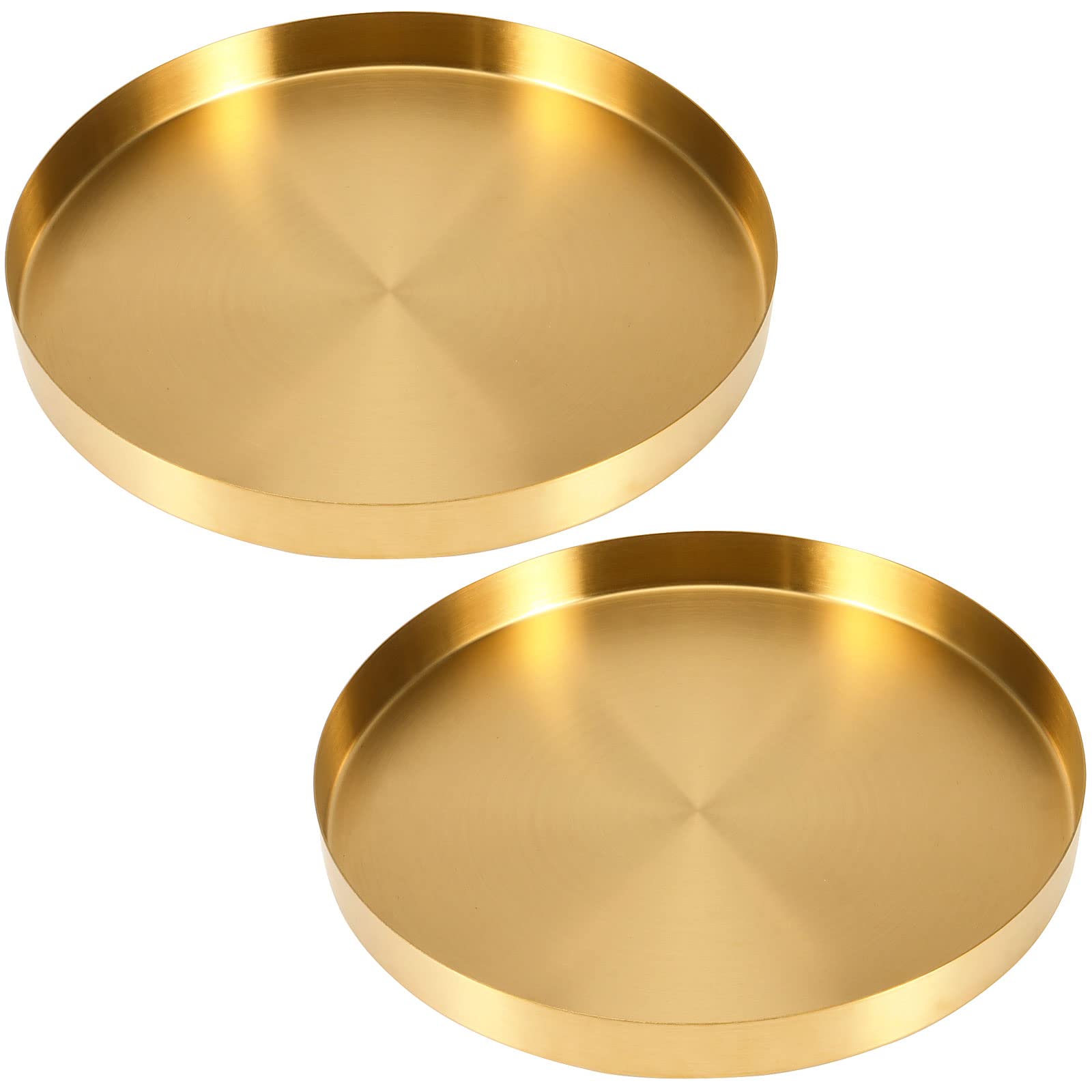 JOIKIT 2 Pack 12 Inch Round Gold Storage Trays, 30cm Stainless Steel Circle Decorative Tray Vanity Storage Organizer Serving Tray for Jewelry Coffee Table Bar Kitchen Countertop Bathroom Tableware