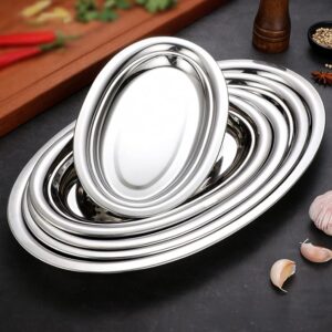 HANABASS Stainless Steel Oval Platter Oval Steaming Fish Plate Appetizer Dish Snack Plate Kids Carvery Plate Serving Tray for Steaming Fish Dessert Meat Sushi Silver