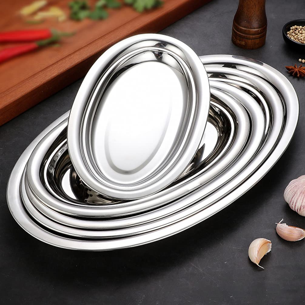 HANABASS Stainless Steel Oval Platter Oval Steaming Fish Plate Appetizer Dish Snack Plate Kids Carvery Plate Serving Tray for Steaming Fish Dessert Meat Sushi Silver