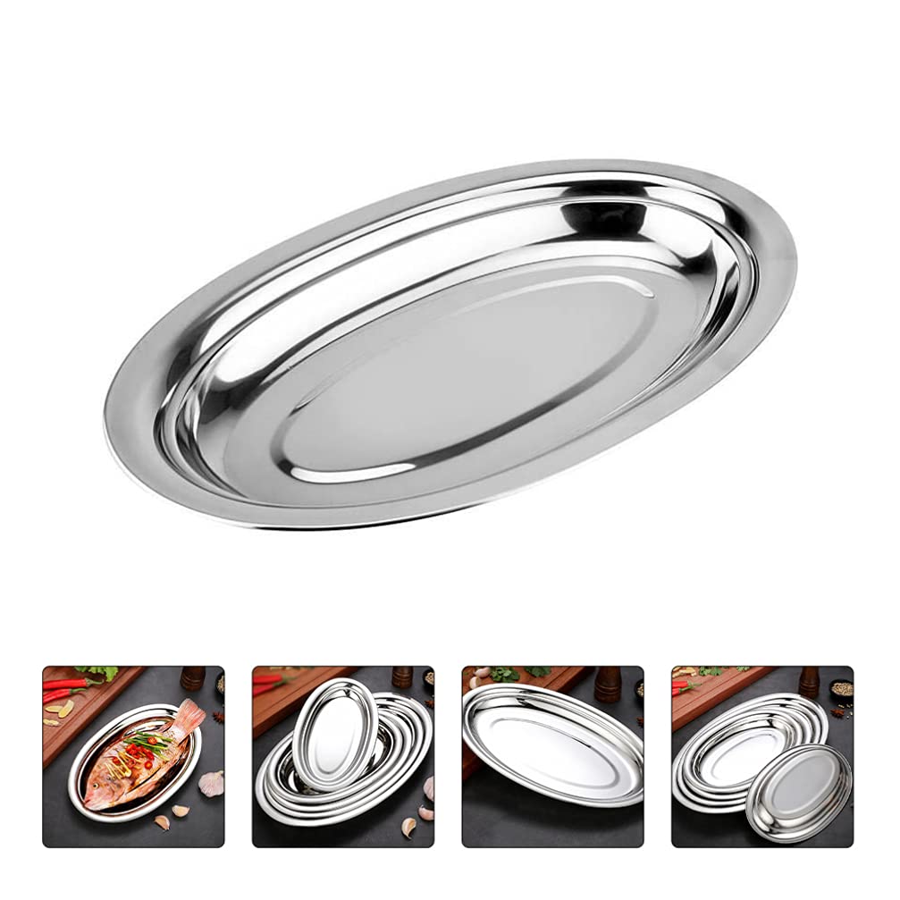 HANABASS Stainless Steel Oval Platter Oval Steaming Fish Plate Appetizer Dish Snack Plate Kids Carvery Plate Serving Tray for Steaming Fish Dessert Meat Sushi Silver