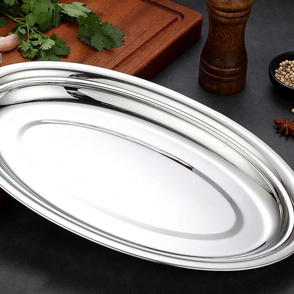 HANABASS Stainless Steel Oval Platter Oval Steaming Fish Plate Appetizer Dish Snack Plate Kids Carvery Plate Serving Tray for Steaming Fish Dessert Meat Sushi Silver