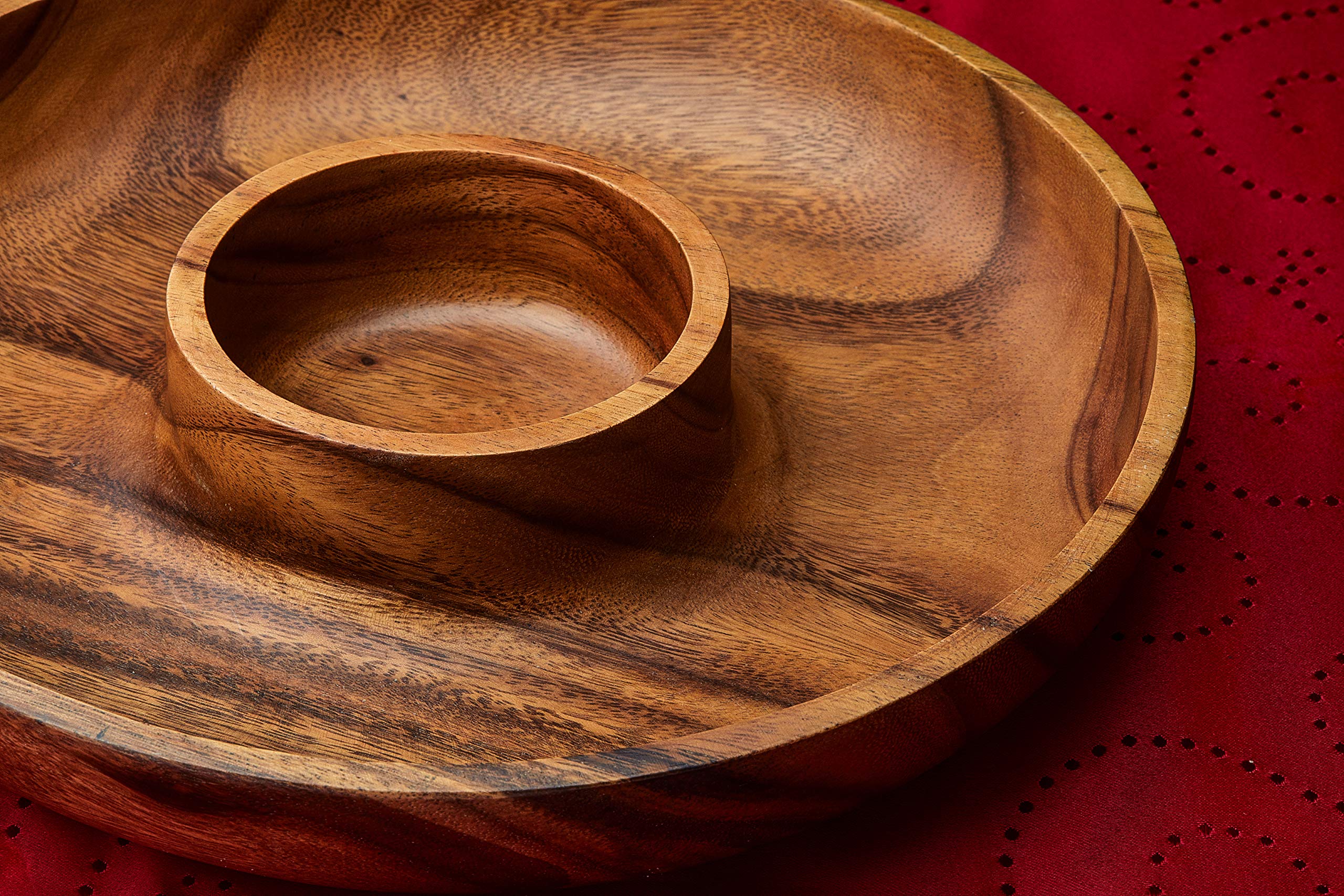 SDS Home Imports Acacia Wood Chip n Dip Bowl For Salsa and Chips Party Elegant Tray Round 9" WIDE 4" Dipping Hole