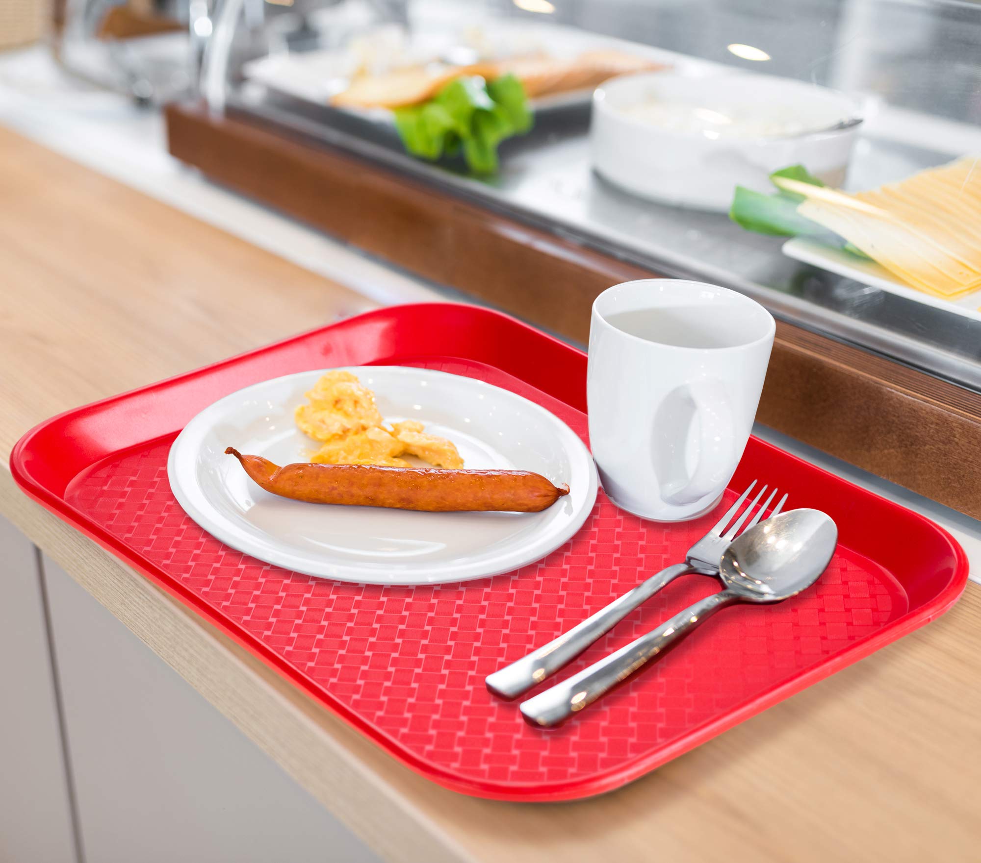 12 Pack Fast Food Cafeteria Tray | Twelve 10 x 14 Rectangular Textured Plastic Food Serving TV Tray Multipack | School Lunch, Diner, & Commercial Kitchen Restaurant Equipment (Blue)