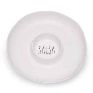 rae dunn salsa and chip serving bowl - white melamine appetizer platter set with dip cup for salsa, guacamole, nacho, vegetables, taco chip, snacks and more