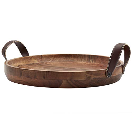 Mason Craft & More Acacia Wood Kitchen Dining Serveware- Natural Wood Sturdy Food Safe Hand Wash Tray with Faux Leather Handles, 16" Round Acacia Serving Tray