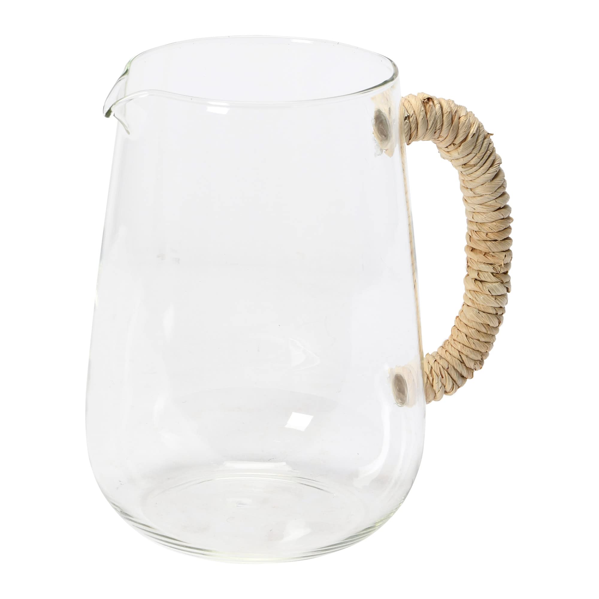 Bloomingville Glass Pitcher with Natural Rope Wrapped Handle Serving Pieces, 7"L x 5"W x 7"H, Clear & Natural