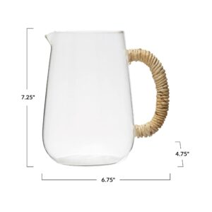 Bloomingville Glass Pitcher with Natural Rope Wrapped Handle Serving Pieces, 7"L x 5"W x 7"H, Clear & Natural