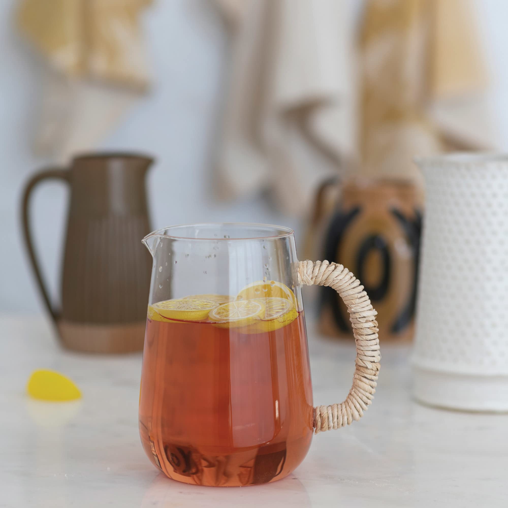 Bloomingville Glass Pitcher with Natural Rope Wrapped Handle Serving Pieces, 7"L x 5"W x 7"H, Clear & Natural