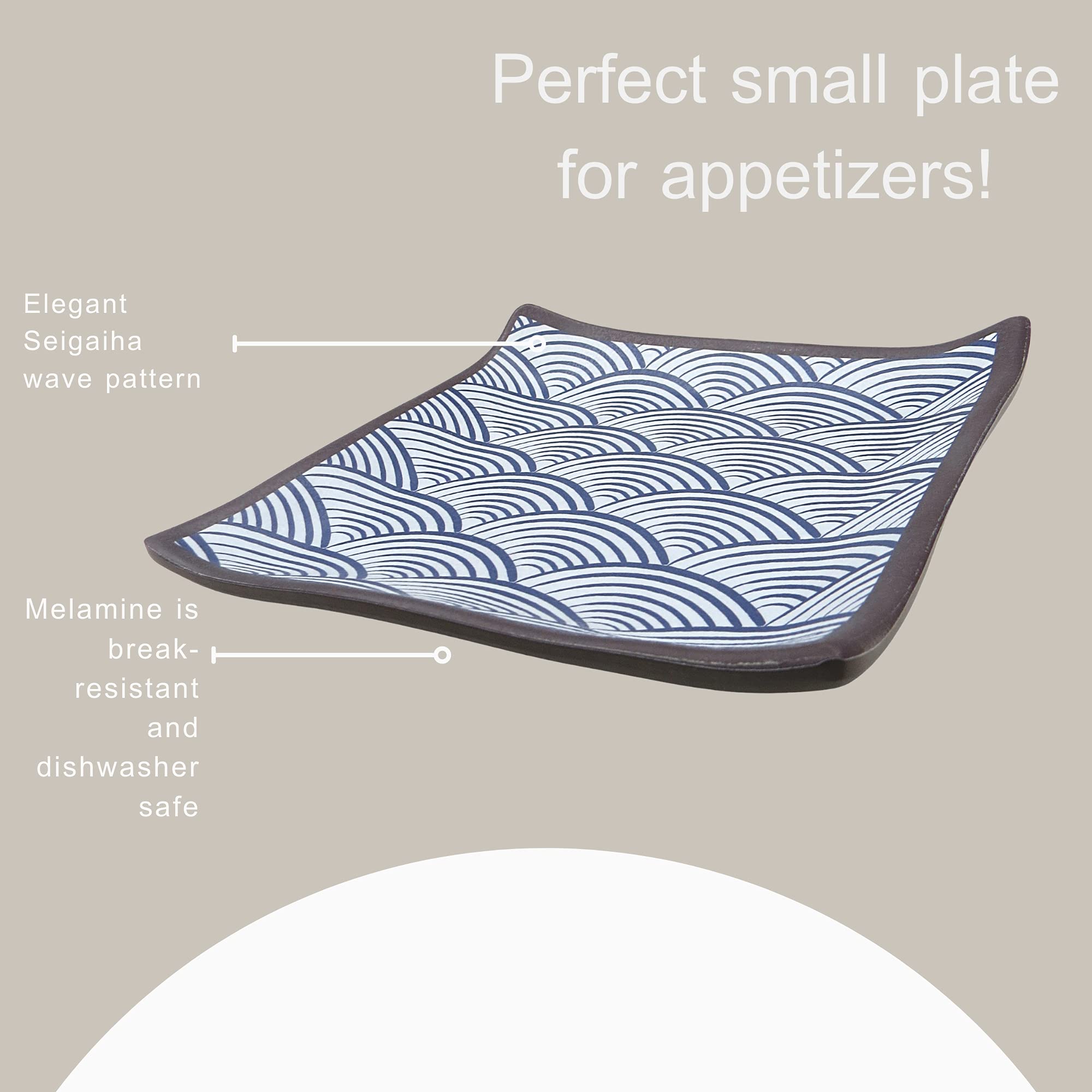 Needzo Melamine Square Japanese Dinner Plate Blue Seigaiha Wave Pattern, Sushi or H'orderves Serving Tray for Parties, 5.75 Inches