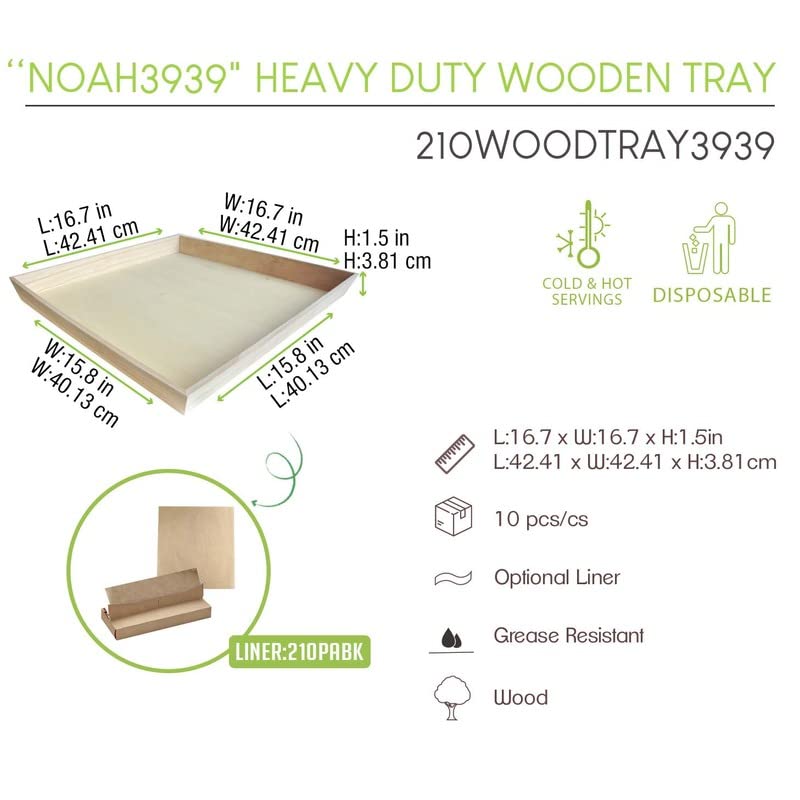 PacknWood 210WOODTRAY3939-‘‘NOAH3939’’ Heavy Duty Wooden Tray-Biodegradable Wood Serving Trays,Bamboo Trays for Eating,Parties,Wedding,Dessert,Birthdays, Serveware Appetizer 17”x 17”x1.75" in|10 pcs