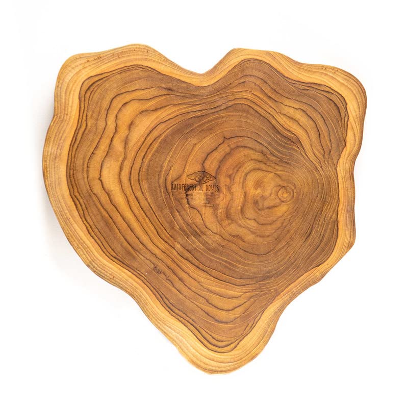 Rainforest Bowls 12" Amoeba Javanese Teak Wood Platter- Uniquely Shaped to Show Off Tree Ring Pattern- Ultra-Durable, Hot & Cold Friendly- Exclusive Custom Design Handmade by Indonesian Artisans