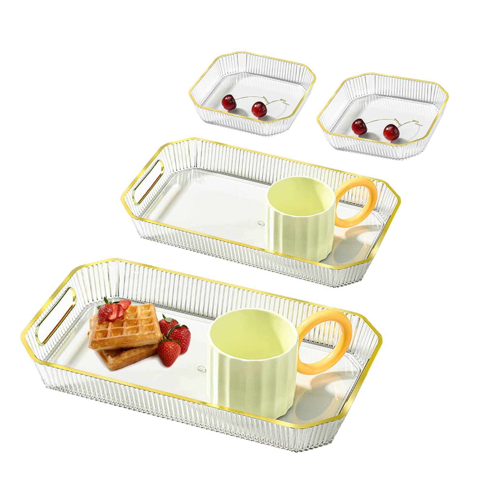 4 Pack Serving Tray with Handles, Gold Serving Tray for Party Breakfast Kitchen Dinner, Clear Decorative Ottoman Tray for Tea, Coffee,Multi-Use Plastic Trays Set