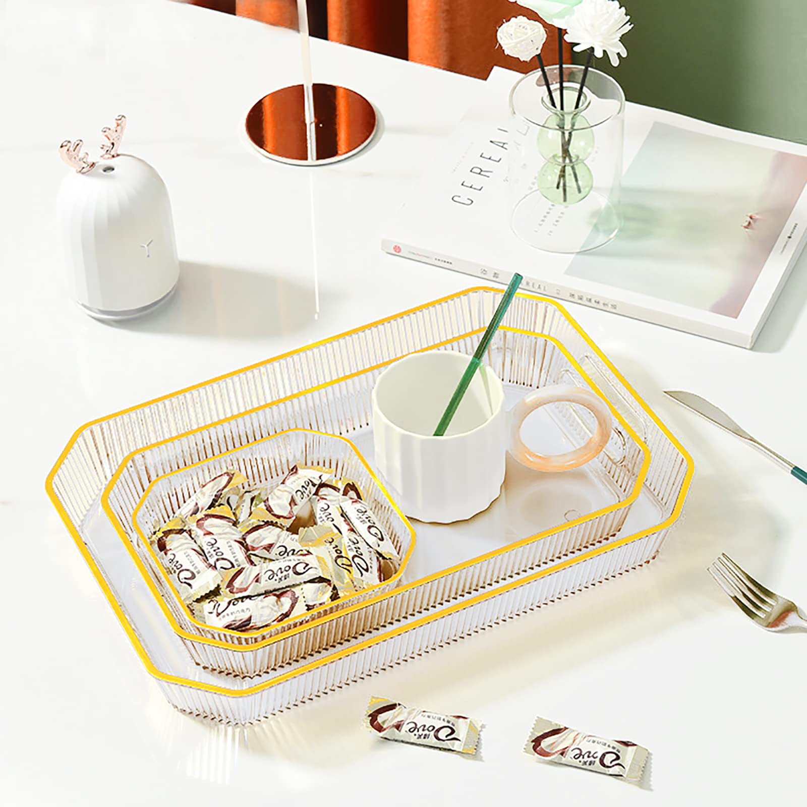 4 Pack Serving Tray with Handles, Gold Serving Tray for Party Breakfast Kitchen Dinner, Clear Decorative Ottoman Tray for Tea, Coffee,Multi-Use Plastic Trays Set