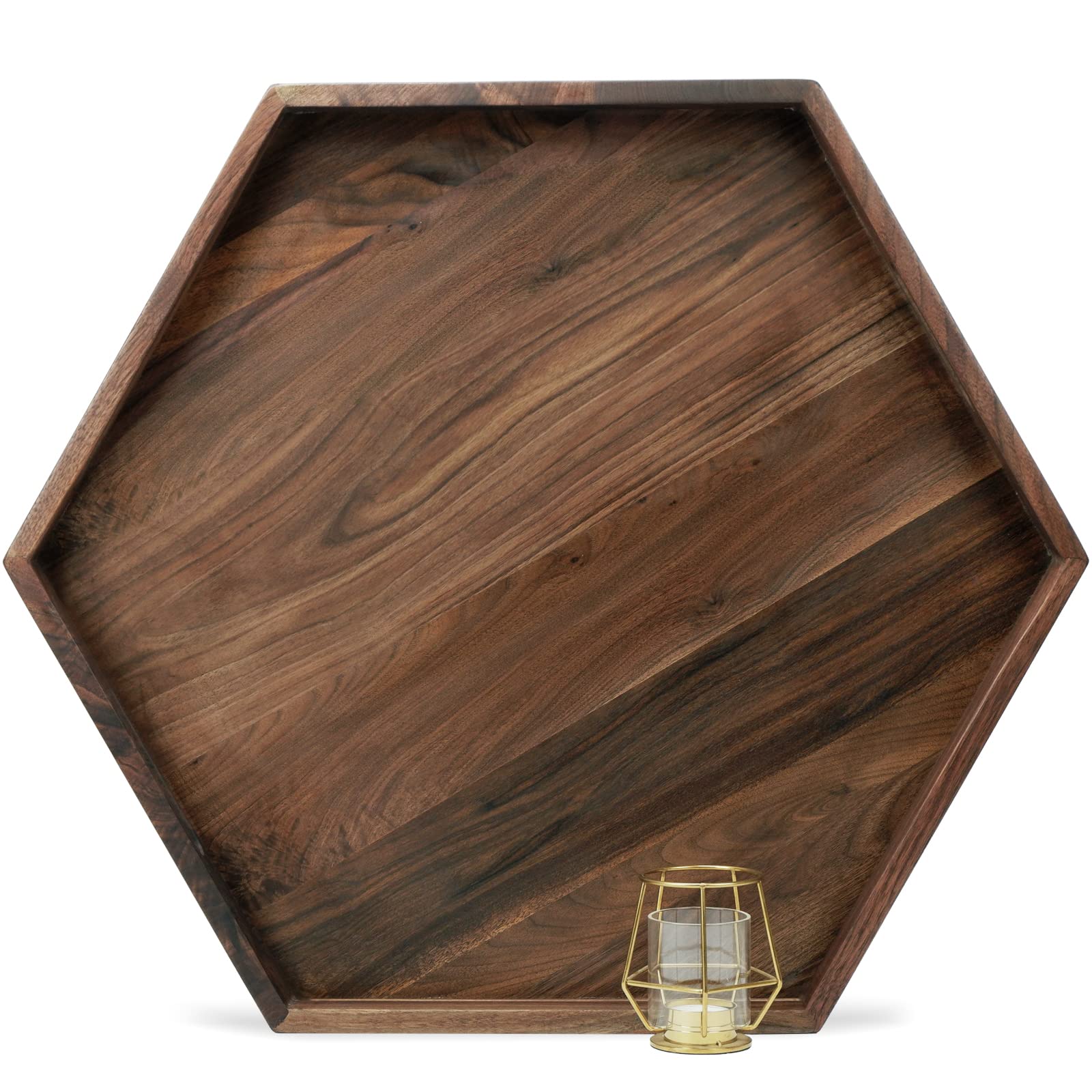 MAGIGO 26 x 22 Inches Extra Large Hexagonal Black Walnut Wood Ottoman Tray with Handles, Serve Tea, Coffee, Classic Hexagon Wooden Decorative Serving Tray