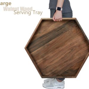 MAGIGO 26 x 22 Inches Extra Large Hexagonal Black Walnut Wood Ottoman Tray with Handles, Serve Tea, Coffee, Classic Hexagon Wooden Decorative Serving Tray