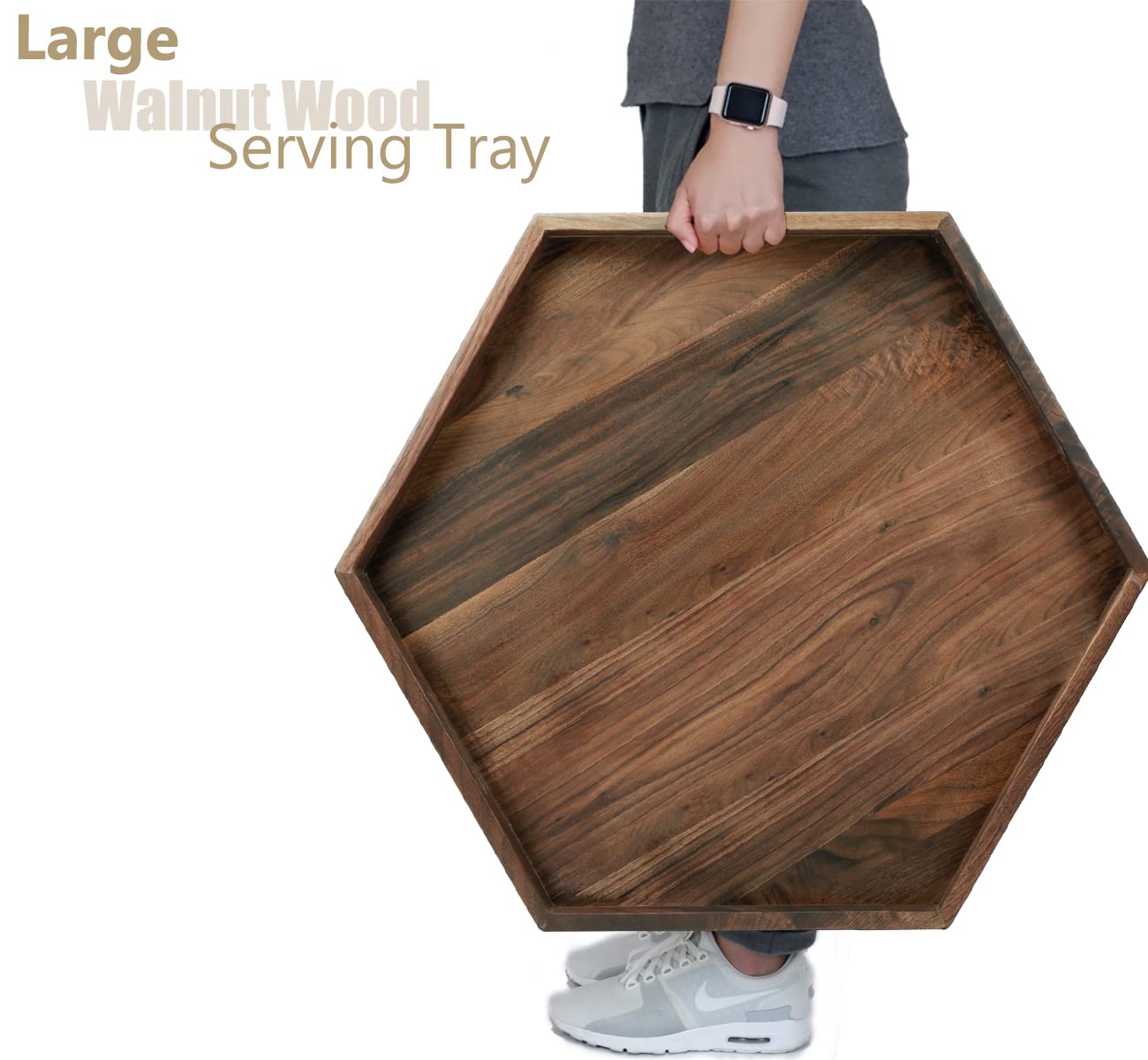 MAGIGO 26 x 22 Inches Extra Large Hexagonal Black Walnut Wood Ottoman Tray with Handles, Serve Tea, Coffee, Classic Hexagon Wooden Decorative Serving Tray