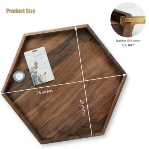 MAGIGO 26 x 22 Inches Extra Large Hexagonal Black Walnut Wood Ottoman Tray with Handles, Serve Tea, Coffee, Classic Hexagon Wooden Decorative Serving Tray