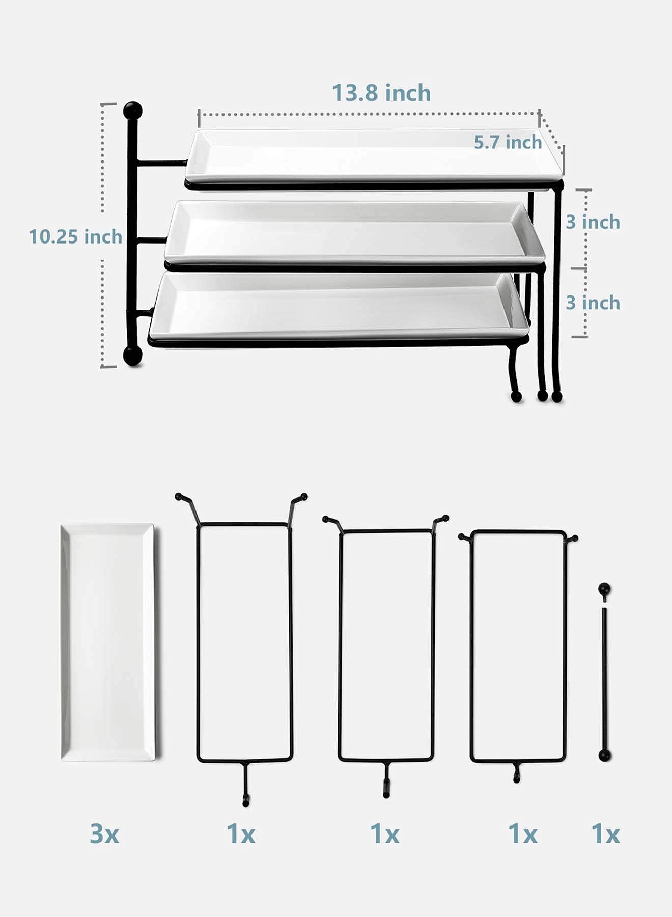 Sweese 731.101 3 Tiered Serving Stand, Foldable Rectangular Food Display Stand with White Porcelain Platters - Serving Trays, Dessert Display Server for Brithday Party, Valentine's Day and Events