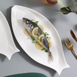 Kichvoe Large Fish Bowl Ceramic Fish Platter Fish Shaped Food Plate 18 Inch Dessert Appetizer Dish Snack Serving Tray Fruit Storage Plate for Sushi Dinner Tableware White Table Tray