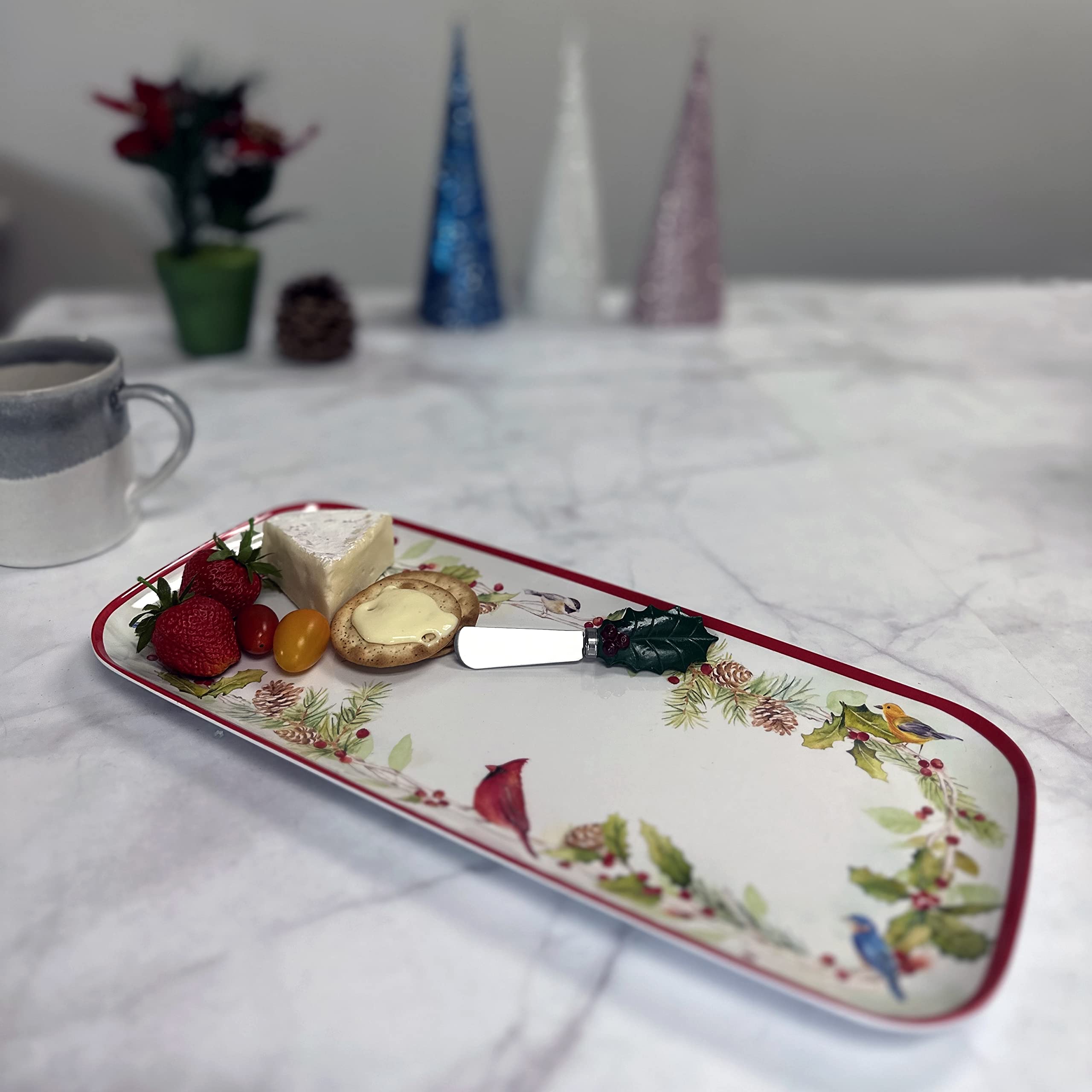 UPware 15 Inch Melamine Rectangle Serving Tray, BPA Free Food Tray (Winter Birds)