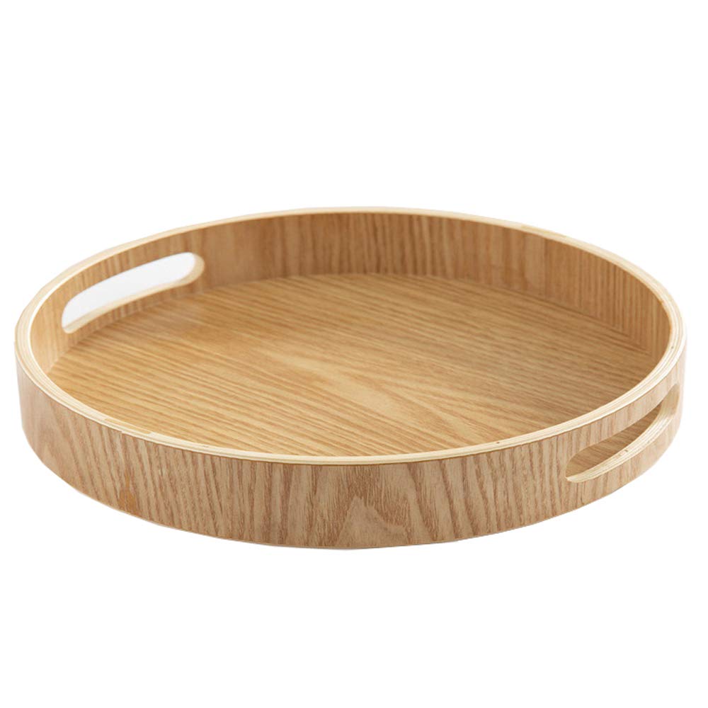 i-lan Multi-Purpose Large Wooden Round 2" High Wall Severing Tray Food Storage Platters Plate with Handles,16 Inch Cocktail Circular Wood Tray for Breakfast, Drinks, Snack, Coffee Table (XL-40cm)