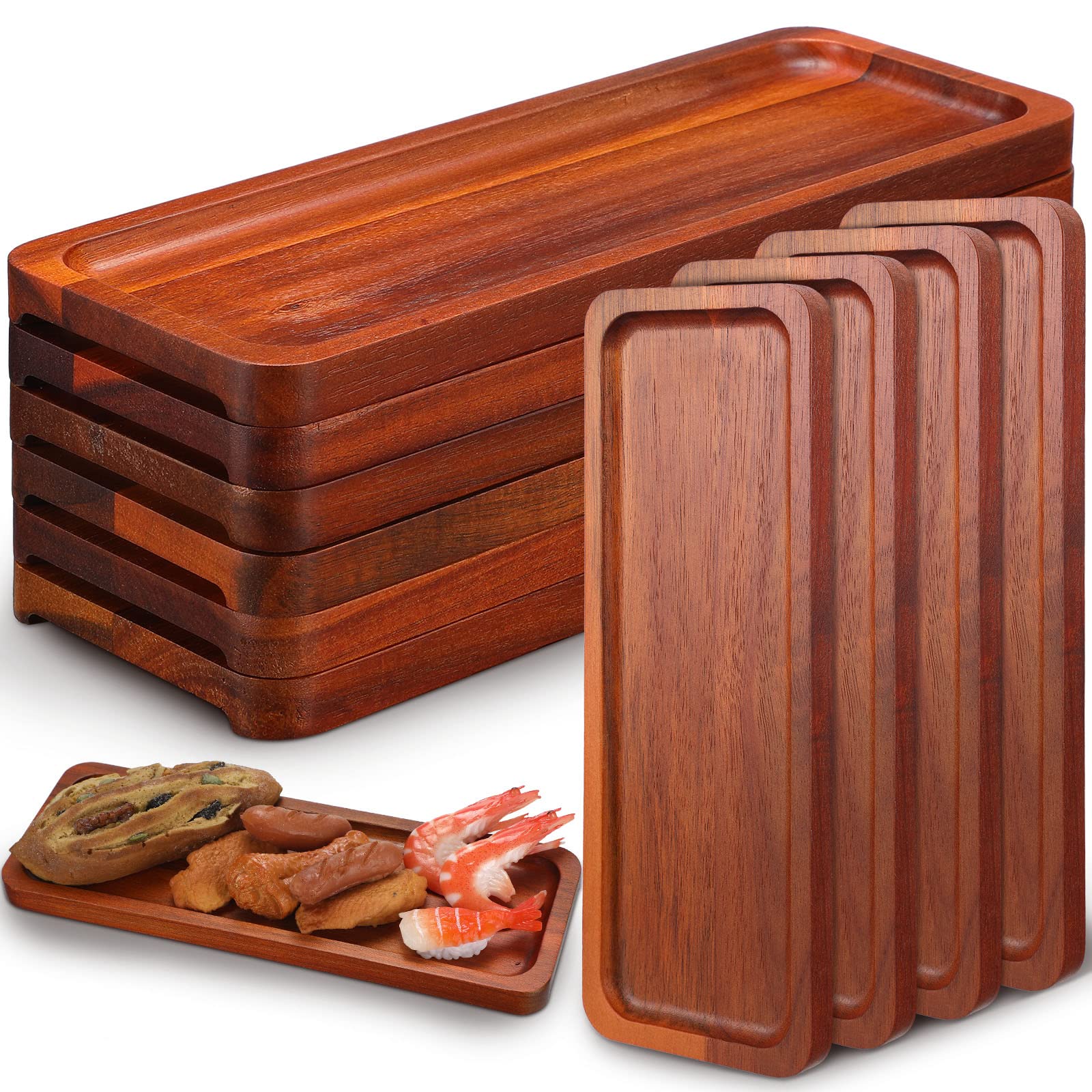 10 Pack Solid Wood Serving Trays Acacia Wooden Server Platter Rectangular Charcuterie Boards with Grooved Handle for Home Room Coffee Cheese Appetizer Table Farmhouse Serving Decor (10.8 x 4 Inch)