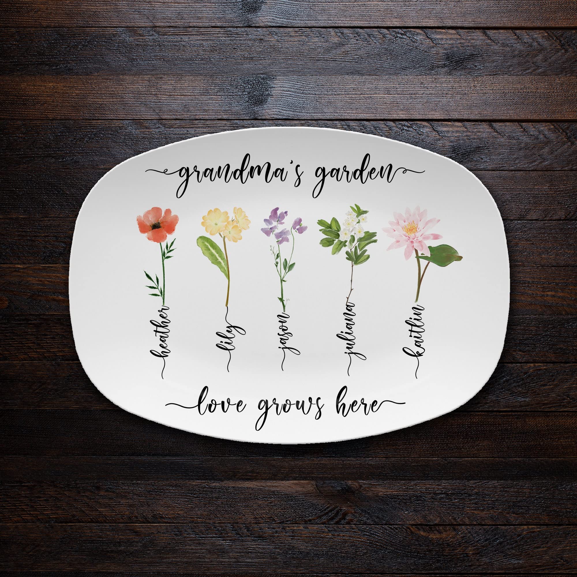 Camcam Custom Birth Month Flowers Platter Mother's Day Gift Personalized Grandma's Garden Plate Grandparent From Grandkids Large Serving Trays Plates for Fish Dish, Steak, 10x14''