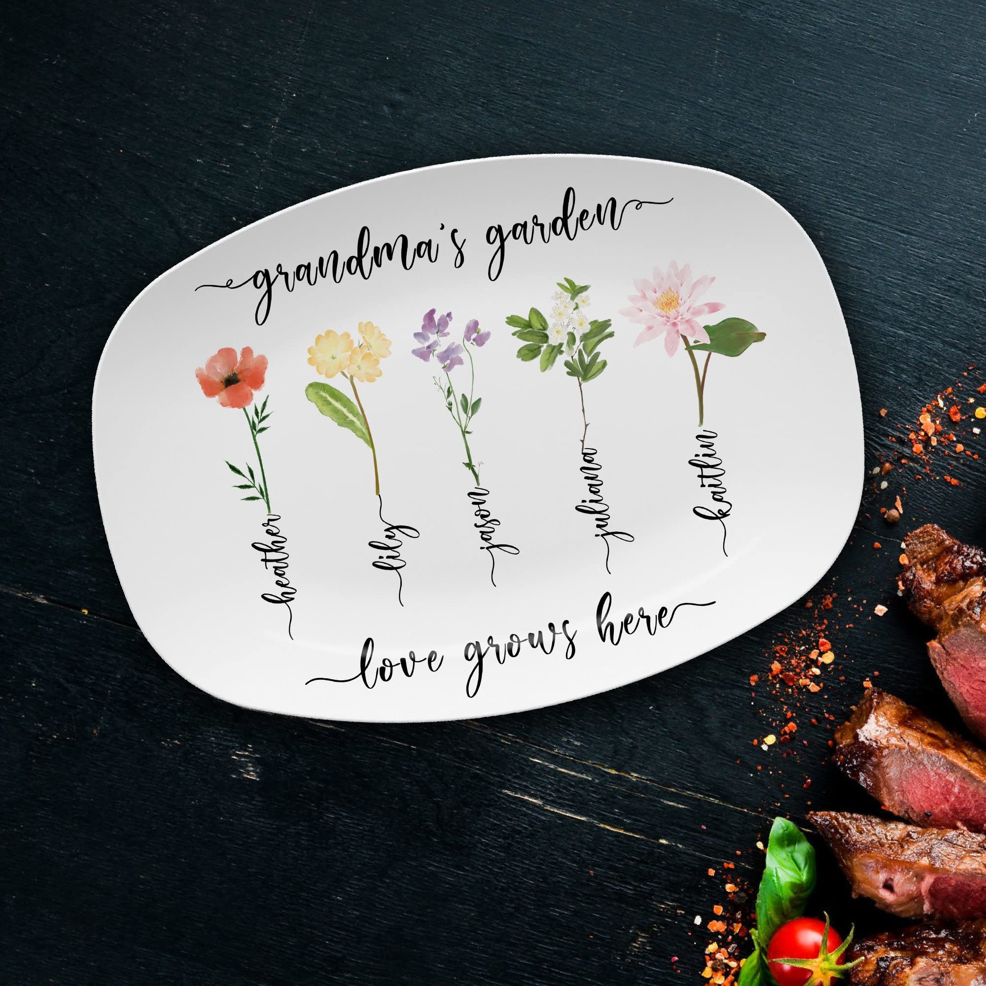 Camcam Custom Birth Month Flowers Platter Mother's Day Gift Personalized Grandma's Garden Plate Grandparent From Grandkids Large Serving Trays Plates for Fish Dish, Steak, 10x14''