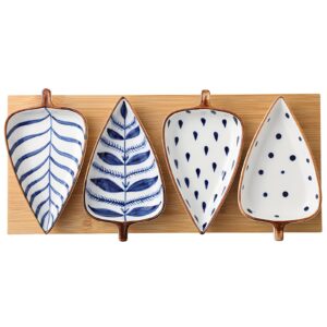 amokk porcelain snack serving tray - 4 pcs divided compartment with bamboo tray - leaf shaped platter for entertaining