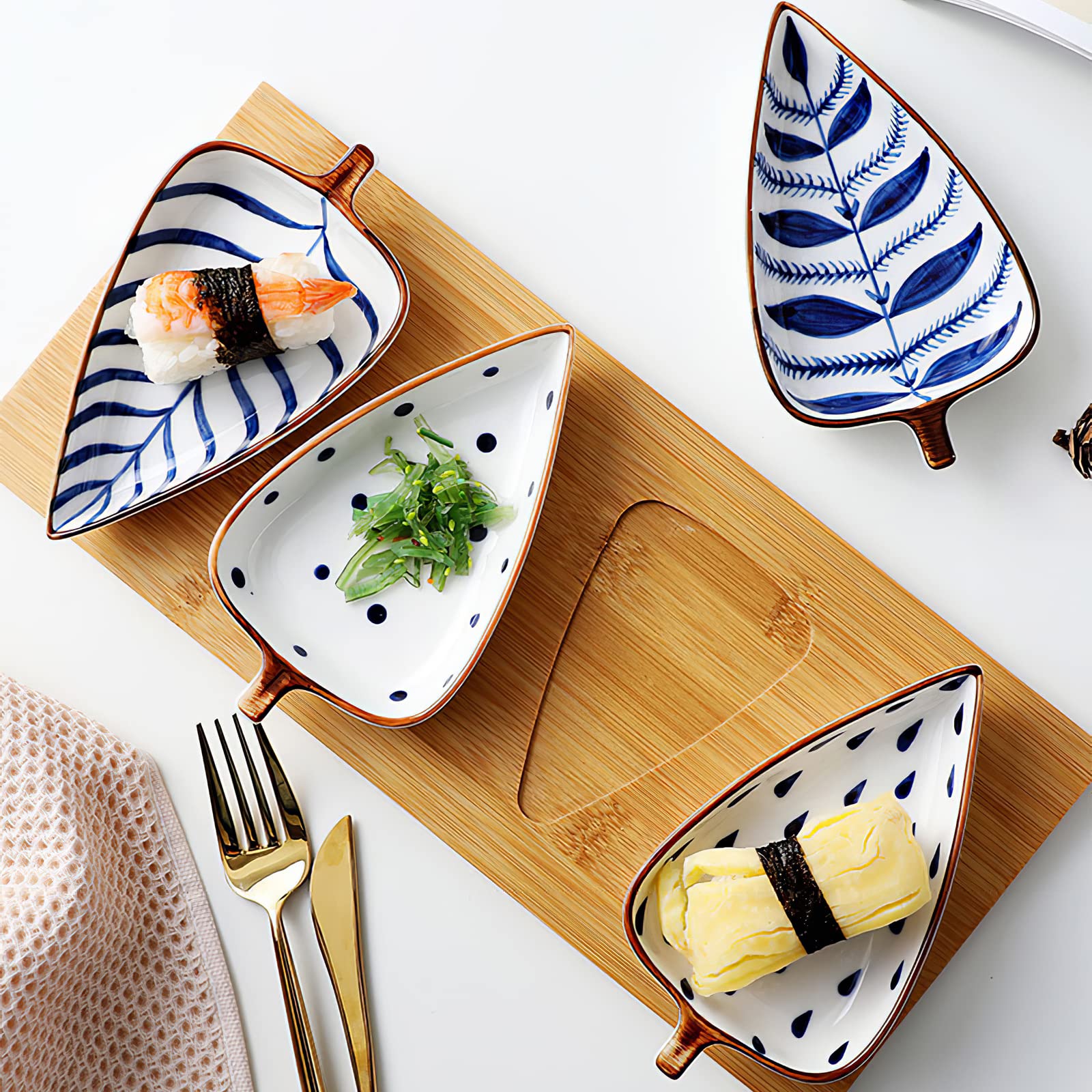 amokk Porcelain Snack Serving Tray - 4 Pcs Divided Compartment with Bamboo Tray - Leaf Shaped Platter for Entertaining