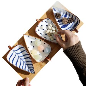 amokk Porcelain Snack Serving Tray - 4 Pcs Divided Compartment with Bamboo Tray - Leaf Shaped Platter for Entertaining