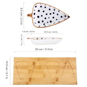 amokk Porcelain Snack Serving Tray - 4 Pcs Divided Compartment with Bamboo Tray - Leaf Shaped Platter for Entertaining