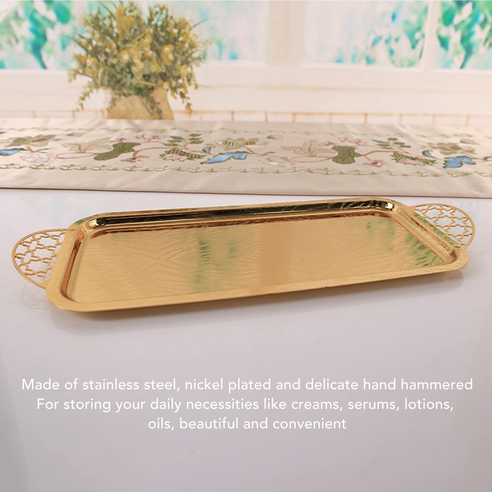 BEIJIALY Serving Tray Gold Retro Light Luxury Oblong Water Cup Tea Cup Fruit Tray with Star Handle for Home Living Room